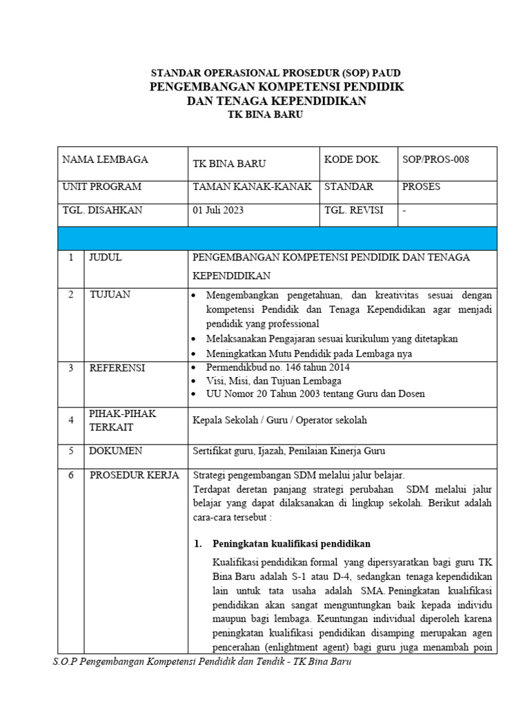 SOP Pengembangan Kompetensi Pendidik TK Bina Baru | PDF | Karier ...
