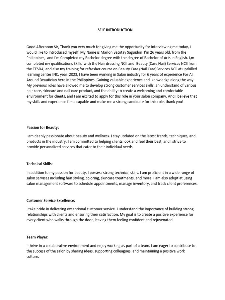 SELF INTRODUCTION - Docx Marlon | PDF | Customer | Social Psychology