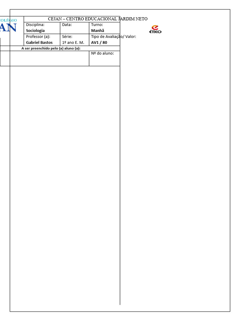 Av1 1bi Sociologia 2 Ano Centro | PDF | Sociologia | Sociedade