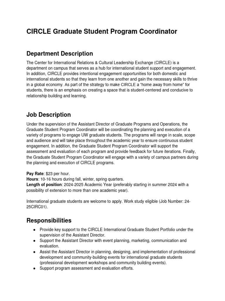 CIRCLE Grad Program Coordinator Job | PDF | Communication | Human ...