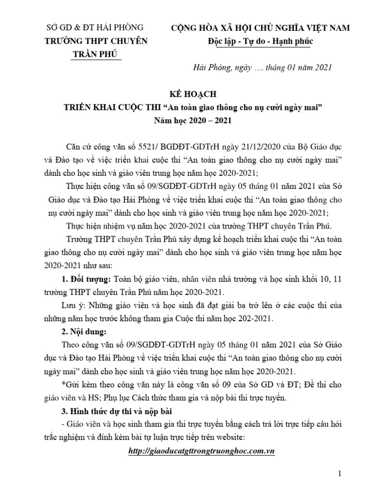 KH Cuộc Thi ATGT Cho Nụ Cười Ngày Mai 2020-2021 | PDF