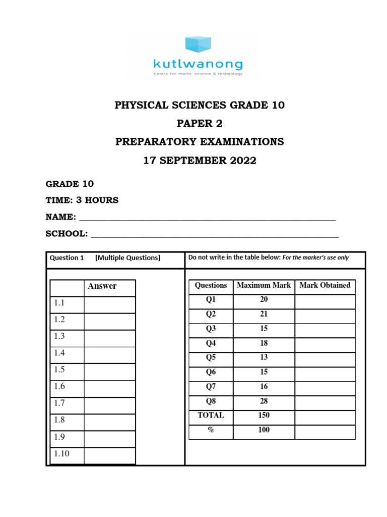 Grade 10 Physical Sciences Preparory Exam p2 Sep 2022 | PDF | Chemical ...