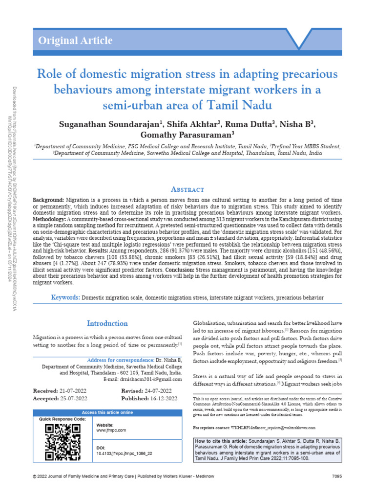 Role of Domestic Migration Stress in Adapting.76 | PDF | Human ...