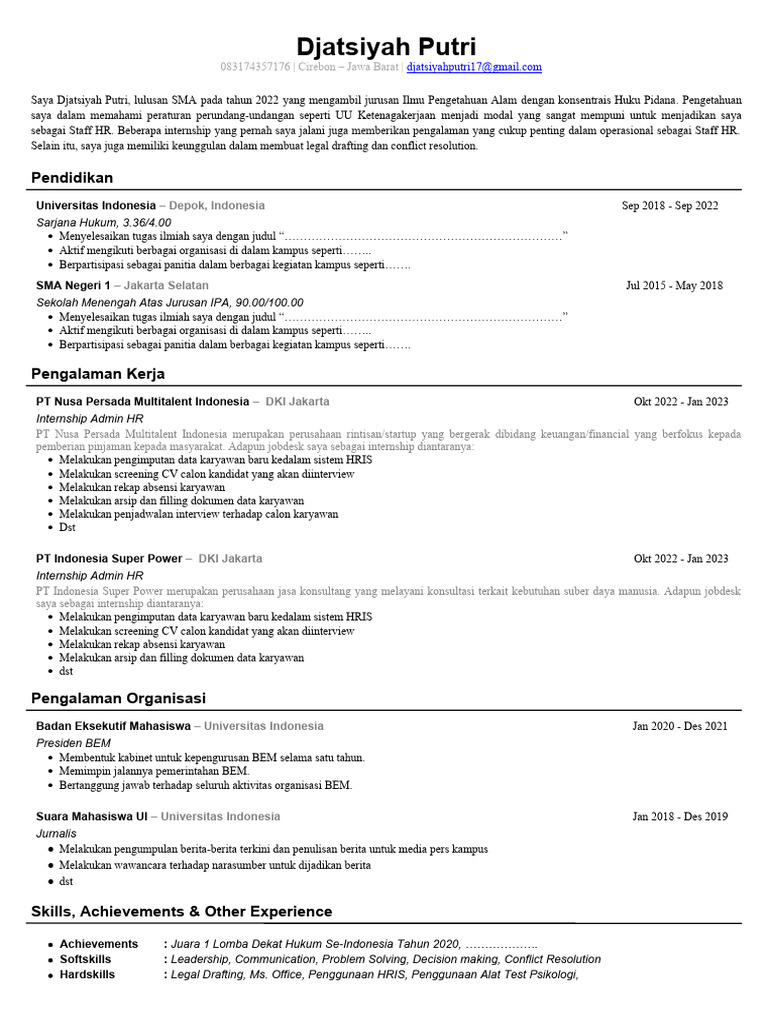 CV ATS Fresh Graduate | PDF | Bisnis | Pengembangan Diri