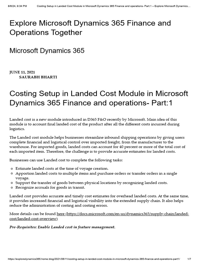 Landed Cost Setup in D365 F&O | PDF | Cargo | Logistics