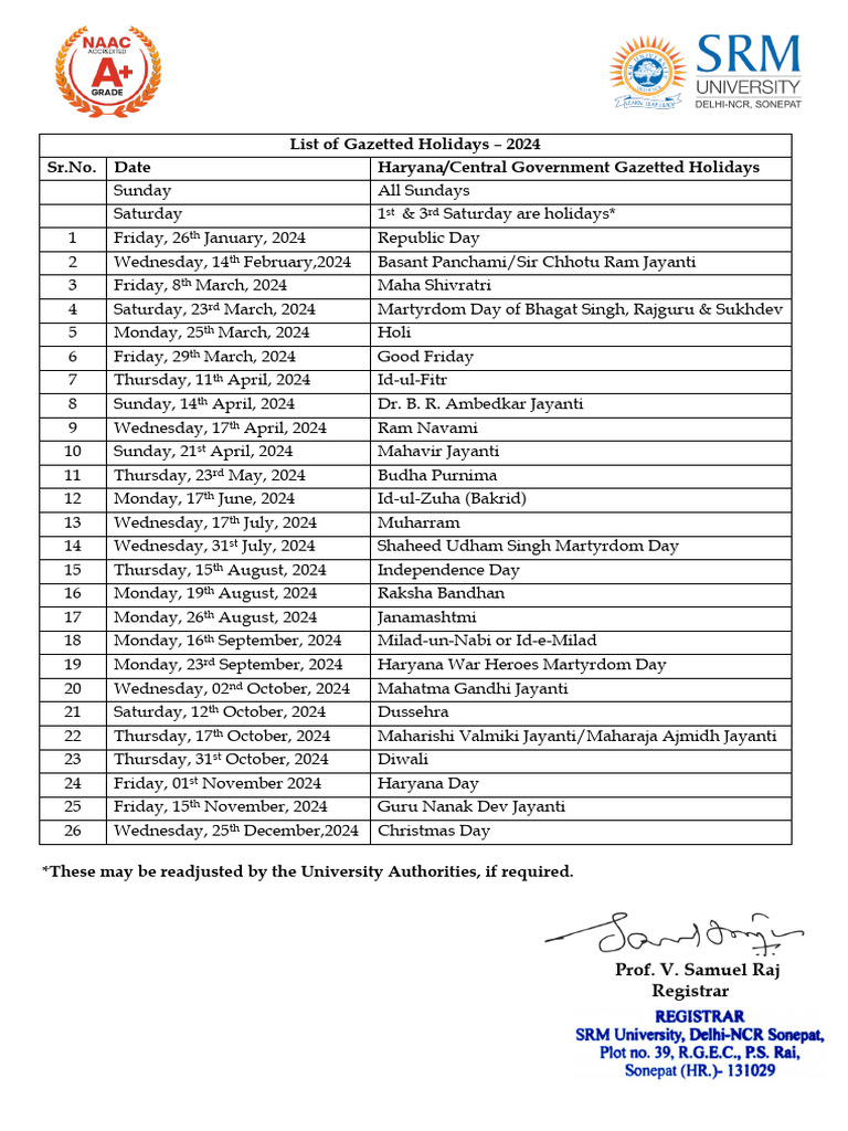 List of Gazetted Holidays 2024 For SRM University Delhi-NCR, Sonepat | PDF | Religious Holidays