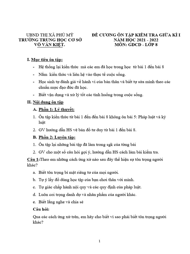 ĐỀ CƯƠNG GDCD 8 | PDF