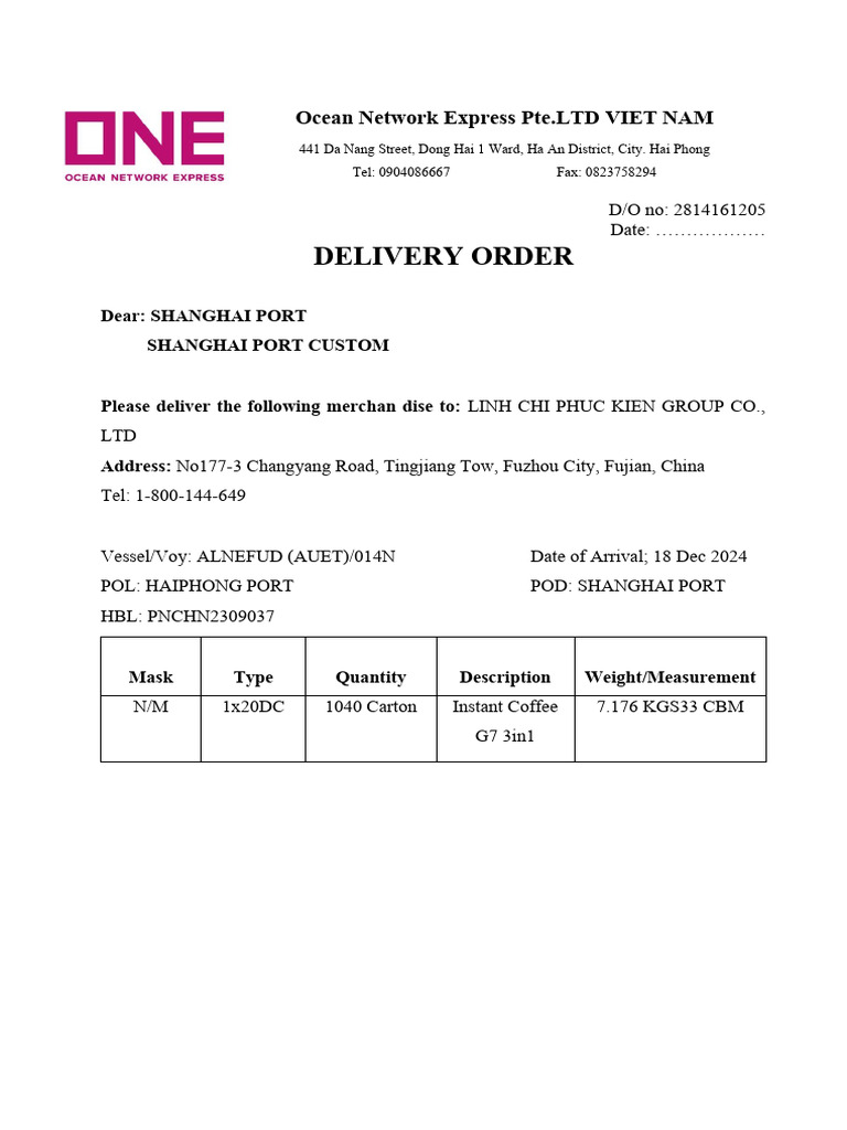 Delivery Order for Instant Coffee Shipment | PDF
