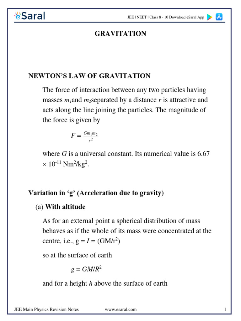 JEE Gravitation Revision Notes | PDF | Gravity | Force