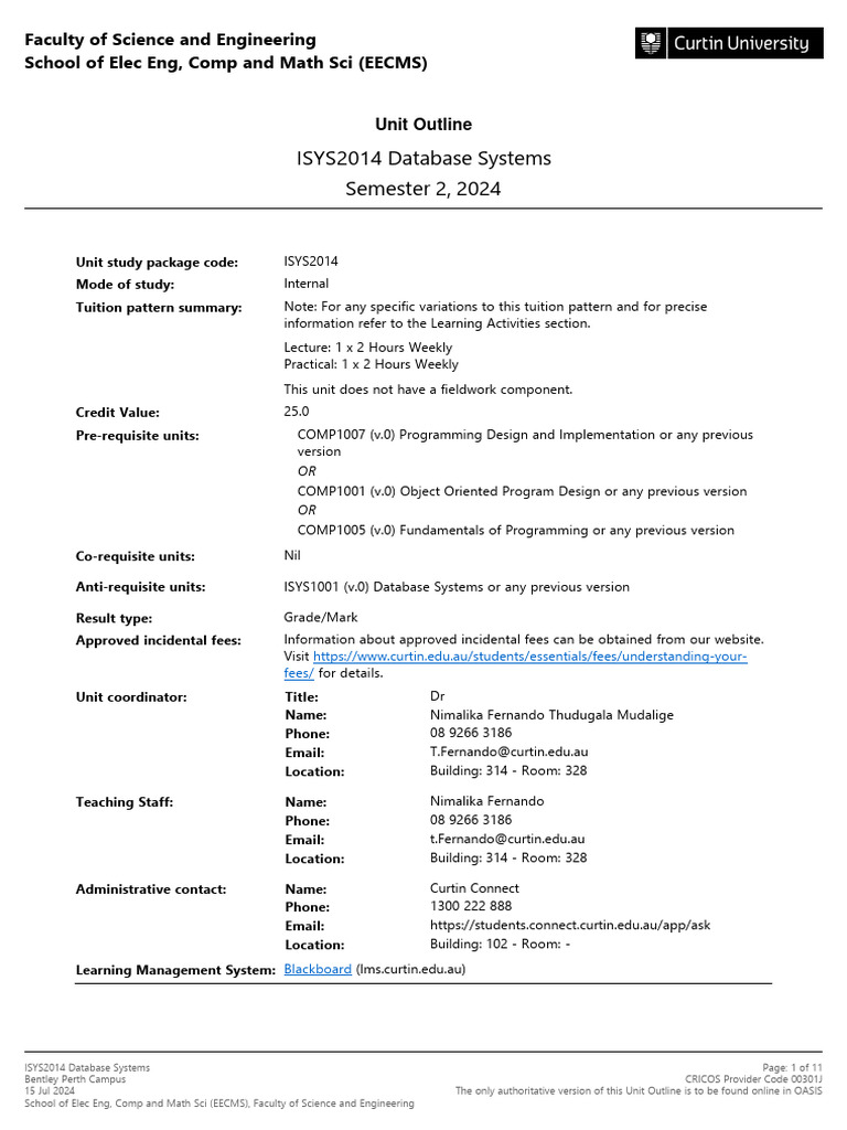 ISYS2014 Database Systems Semester 2 2024 Bentley Perth Campus INT | PDF | Databases ...