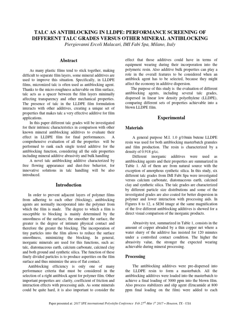 Talc As Antiblocking in LLDPE-performance Screening of Different Talc ...