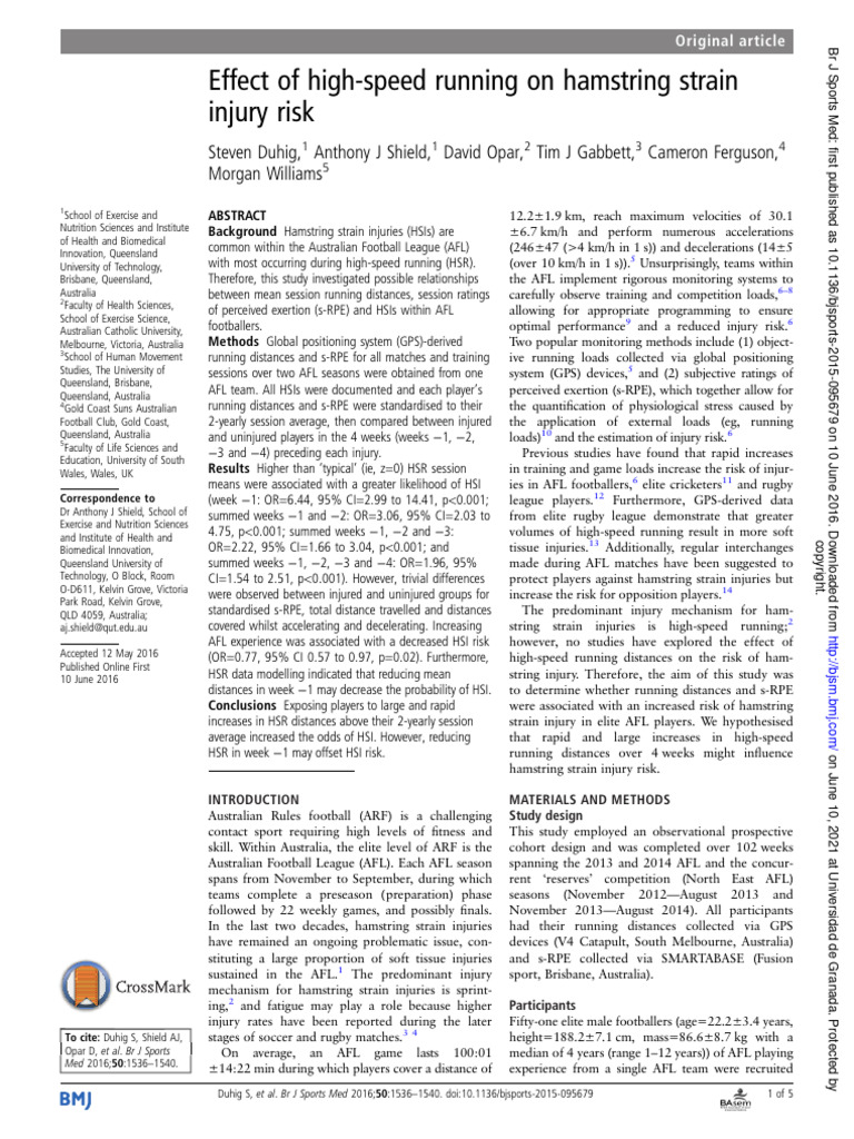 Duhig, S. (2016) - Effect of High-Speed Running On Hamstring Strain ...