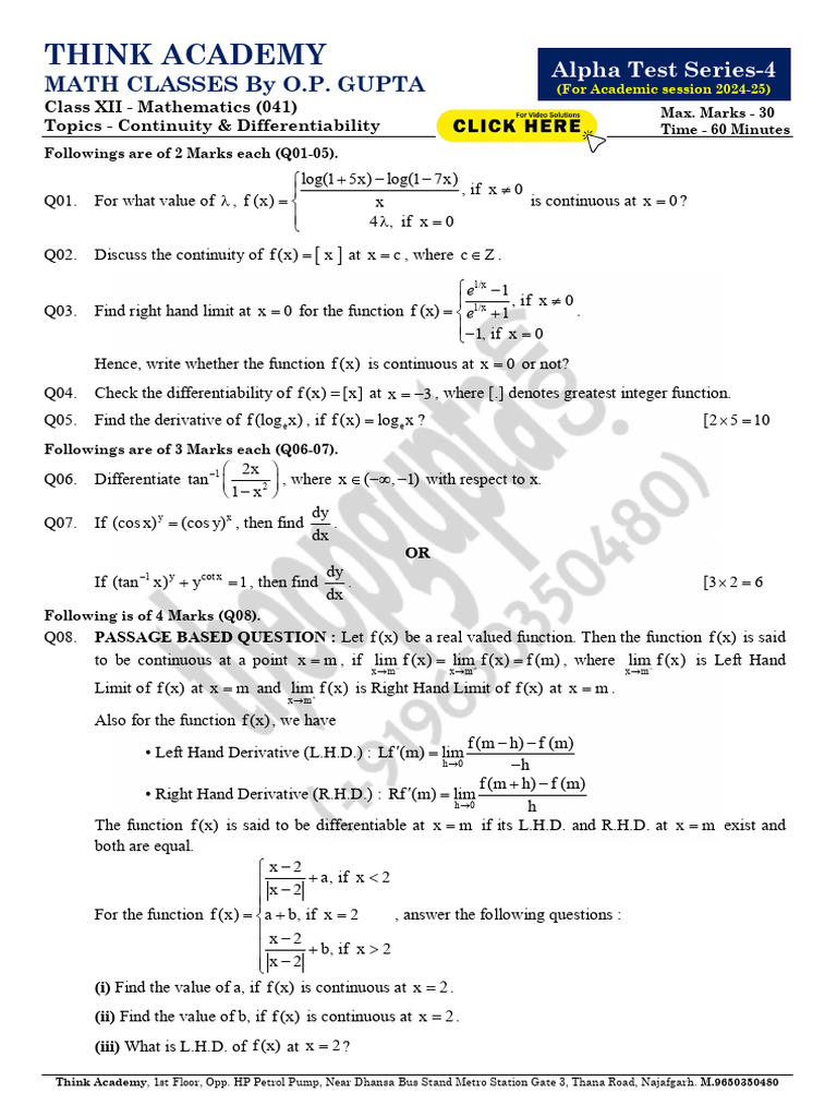 Class XII Mathematics Continuity Guide | PDF | Function (Mathematics ...