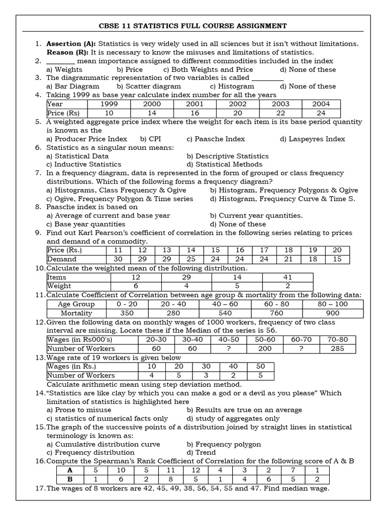 Cbse 11 Statistics Full Course Assignment | PDF | Statistics | Price ...