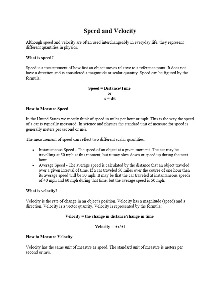 Speed and Velocity | PDF | Speed | Velocity