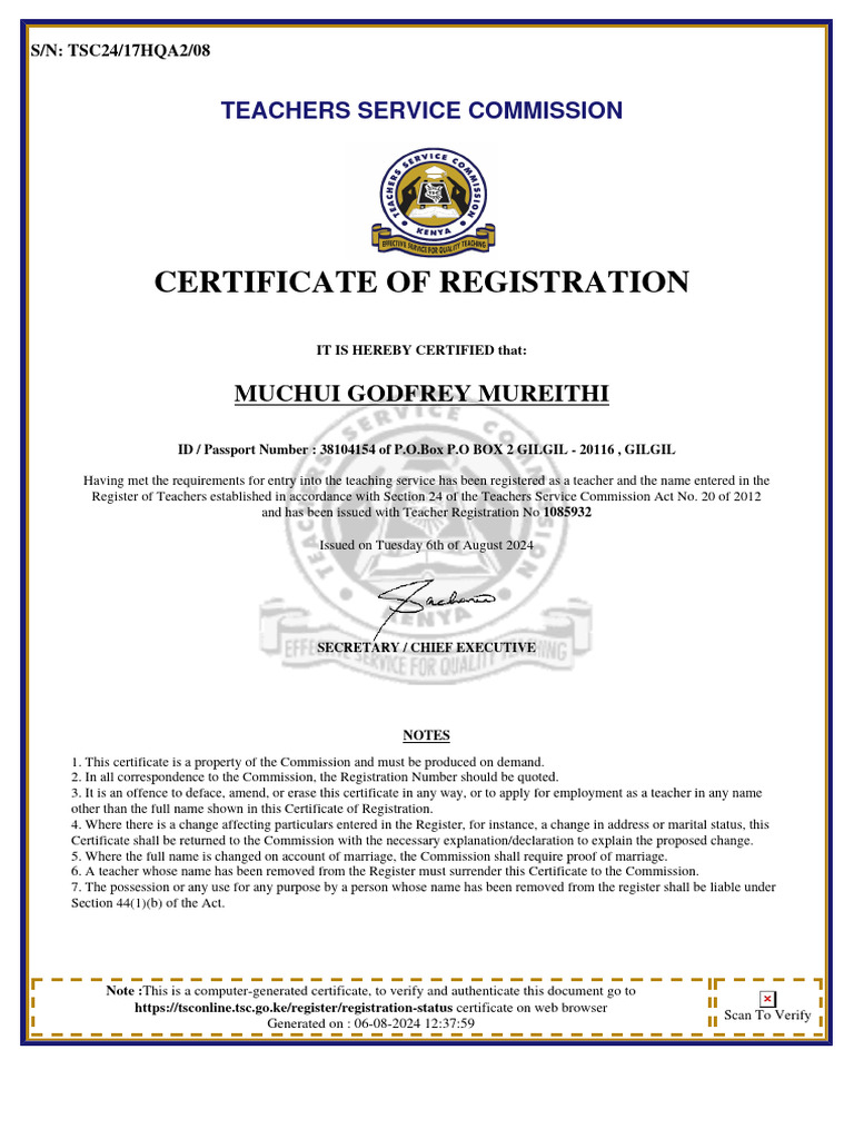 Muchui Mureithi TSC No - 1085932 Registration Cert | PDF | Finance & Money Management