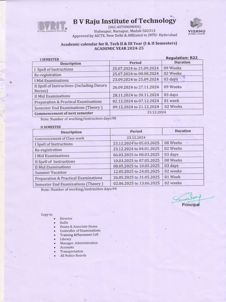 II & III - B.Tech - Academic Calander For The Academic Year 2024-25 | PDF