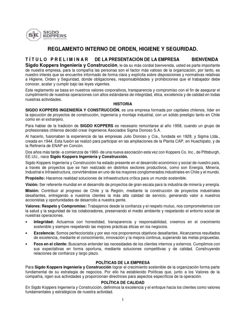 Reglamento Interno Orden Higiene y Seguridad ICSK Vigente 20 Mayo 2024 V3 Comprimida | PDF ...