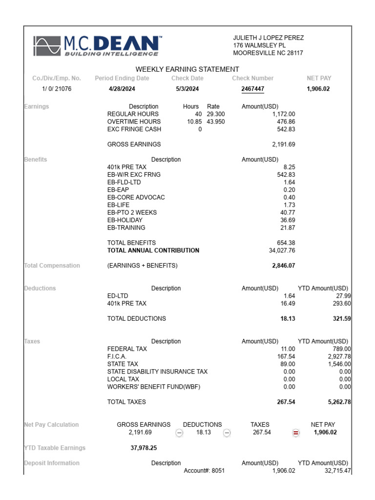 M.C. Dean, Inc. Earning Statement | PDF | 401(K) | United States Law