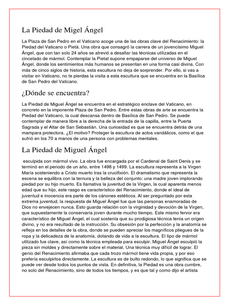 La Piedad de Migel Ángel | PDF | Escultura