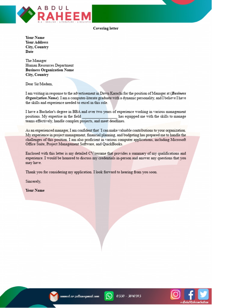 Sir Abdul Raheem CV & Covering Letter Eng | PDF