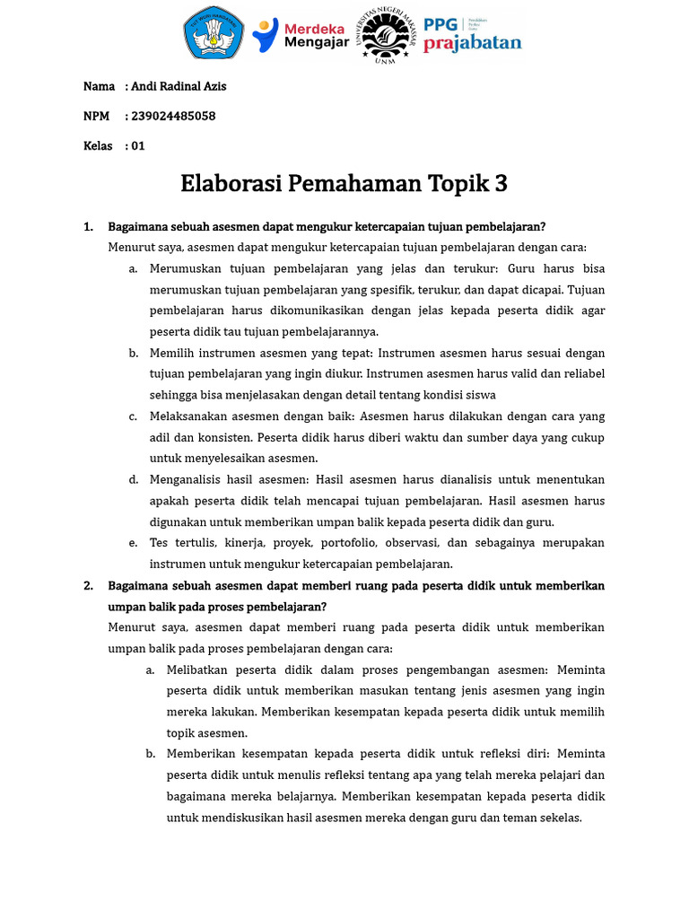 Topik 3. Elaborasi Pemahaman (MK Pemahaman) | PDF Topik 3. Elaborasi Pemahaman (MK Pemahaman) | PDF