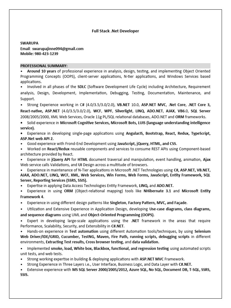 Swarupa .Net Full Stack Developer | PDF | Microsoft Sql Server | Language Integrated Query