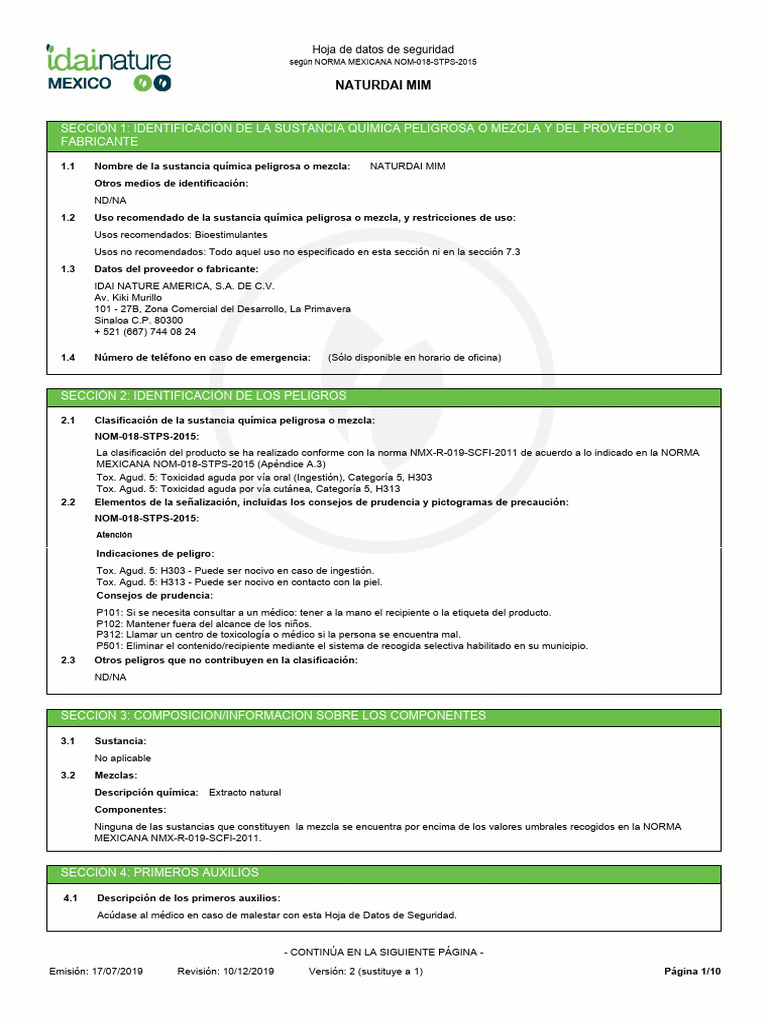Hoja de Seguridad Naturdai Mim | PDF | Residuos | Combustión