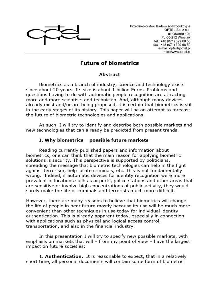 Future of Biometrics by Wieslaw, B | PDF | Biometrics | Computer Security