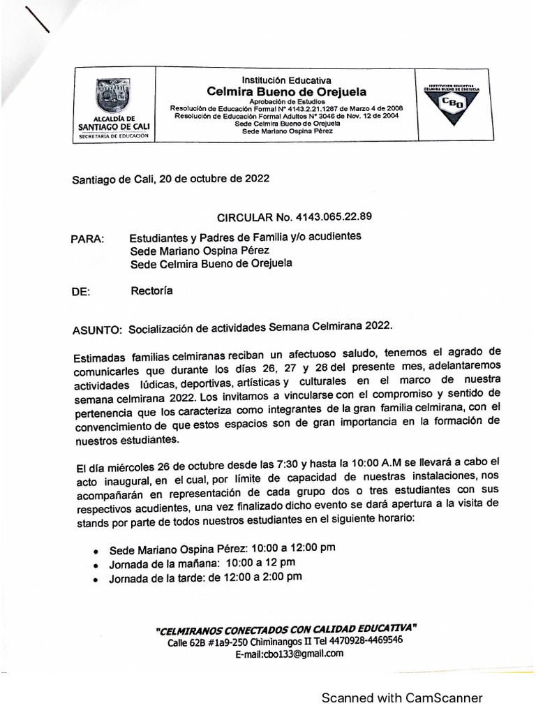 Circular 89 Actividades Semana Celmirana | PDF