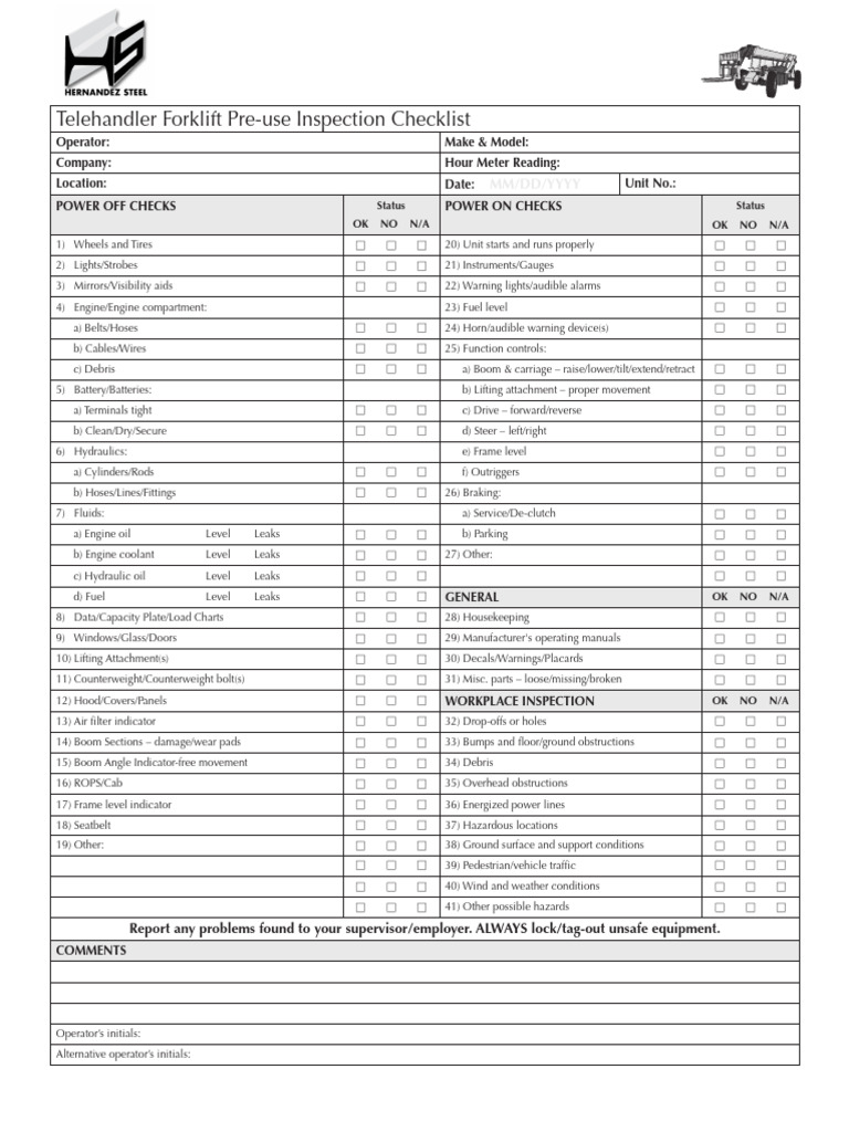Rough Terrain Forklift Pre Use Inspection SUP 147 e EN 16 077 | PDF ...