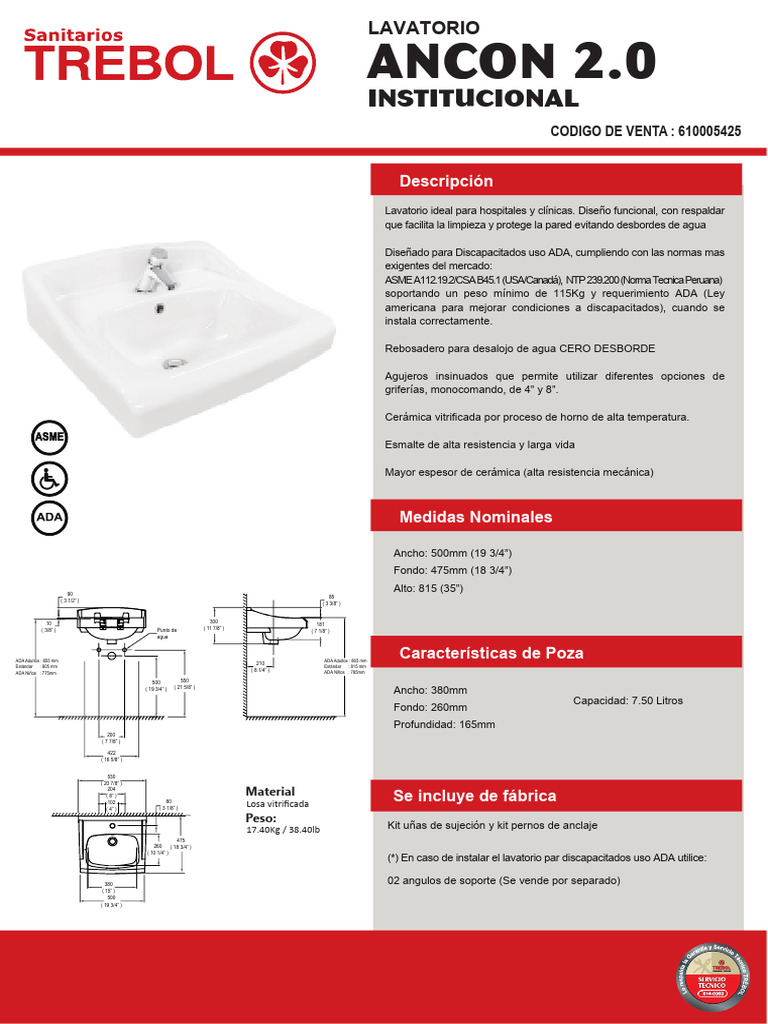 Archivo Ficha Tecnica 610005425 1 LAVATORIO ANCON 2.0 | PDF | Materiales