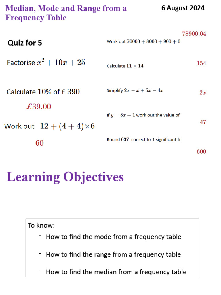 3.2D Median, Mode and Range From Frequency Tables PFR | PDF | Mean | Median