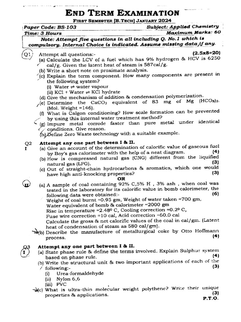 Btech 1 Sem Applied Chemistry Bs 103 Jan 2024 | PDF Btech 1 Sem Applied Chemistry Bs 103 Jan 2024 | PDF