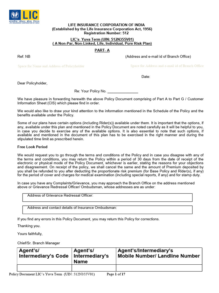 Policy Document - LICs Yuva Term | PDF | Insurance | Life Insurance