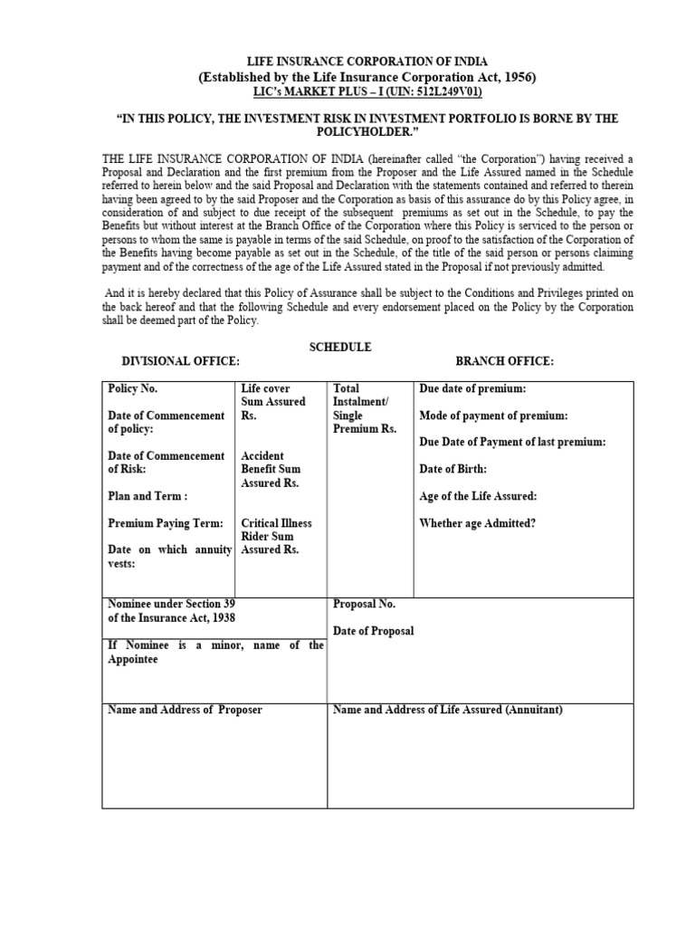 LIC Market Plus I Policy Overview | PDF | Insurance | Life Insurance