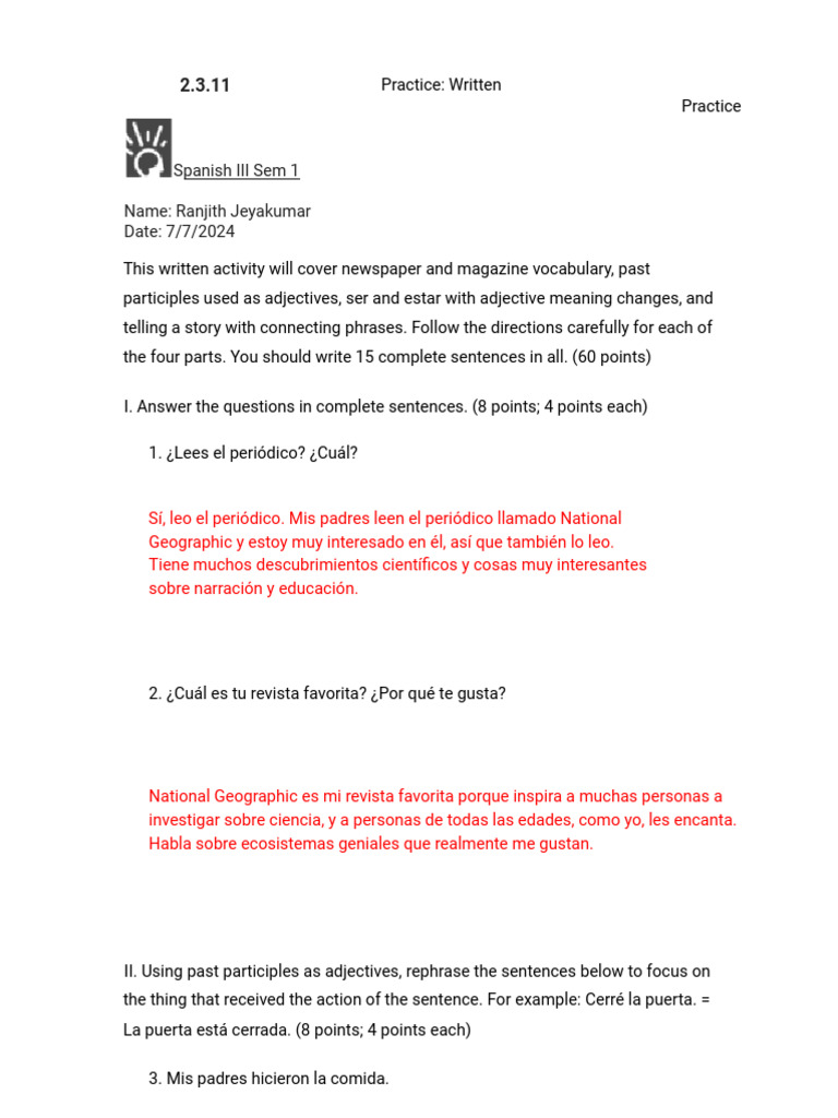Vocabulario y Gramática en Español III | PDF | Artes del Lenguaje y ...