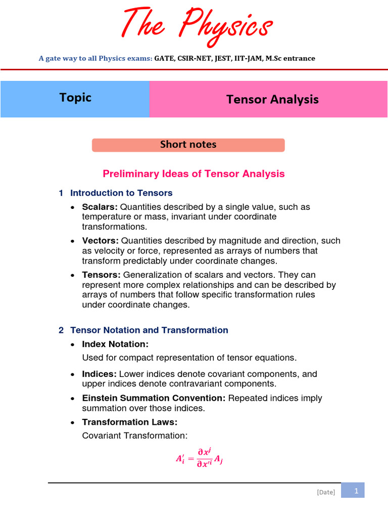 Tensor Analysis Short Notes Pdf Tensor Euclidean Vector 