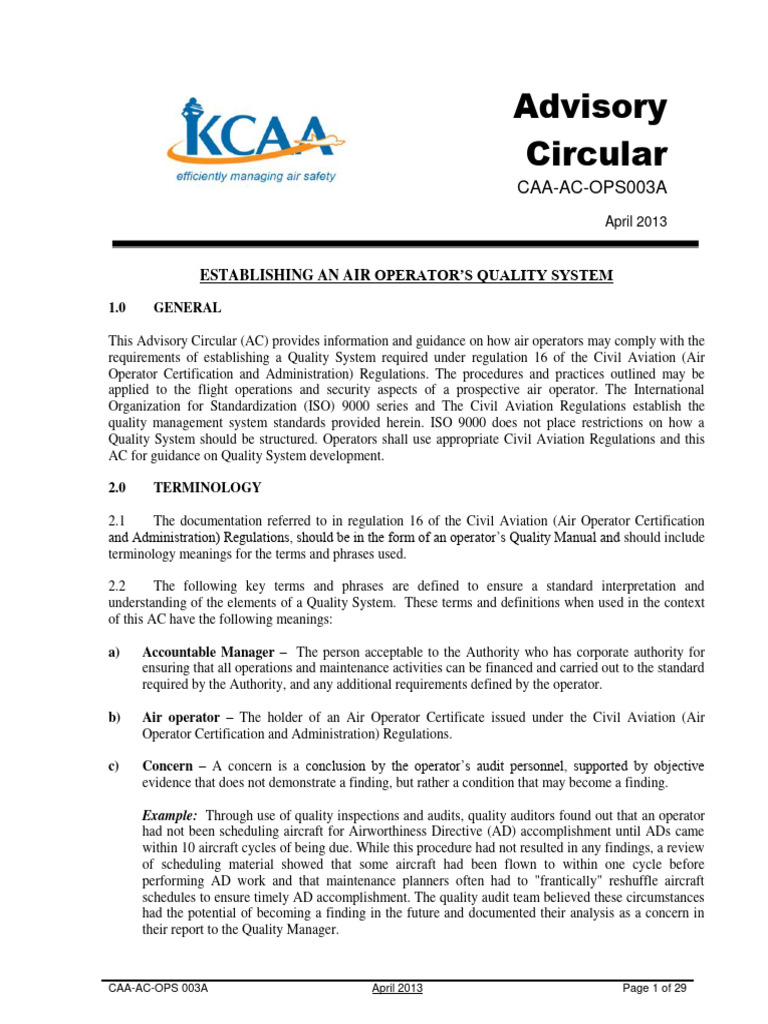 CAA-AC-OPS003A Establishing An Air Operators Quality System | PDF ...
