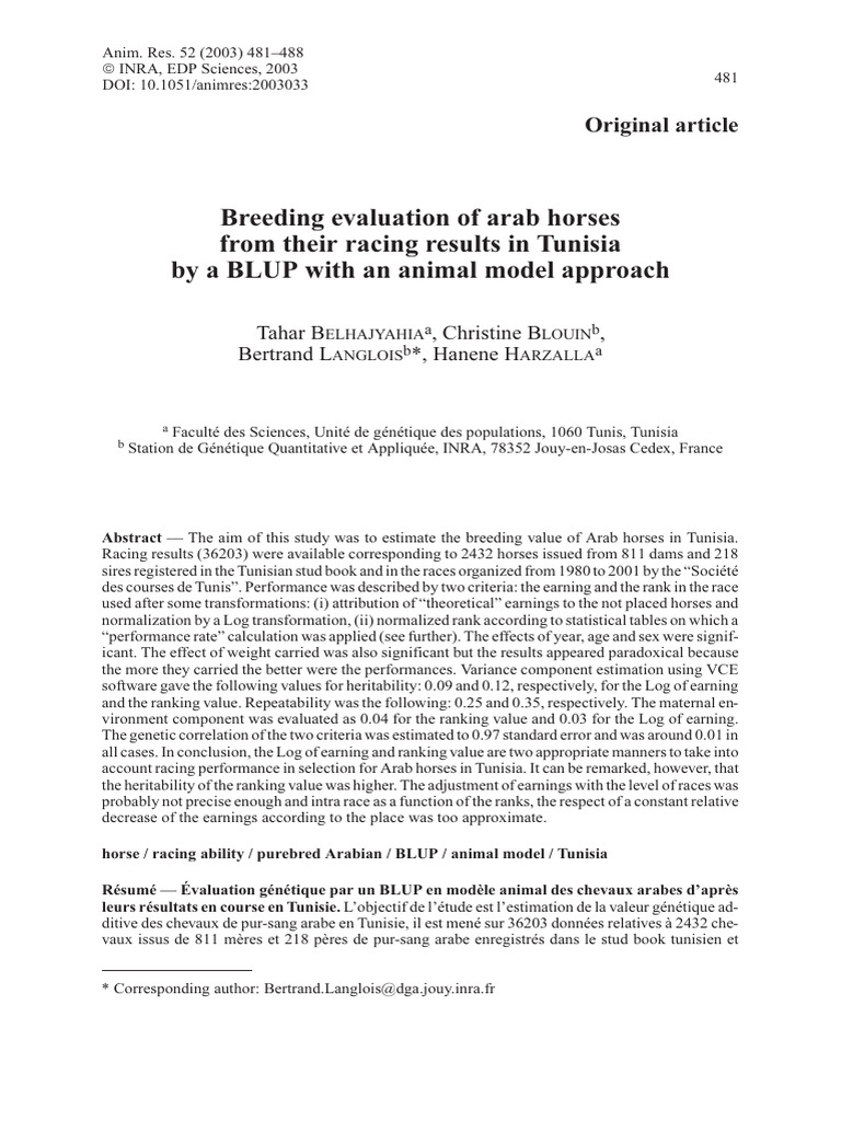 Breeding Evaluation of Arab Horses From Their Racing Results in Tunisia ...