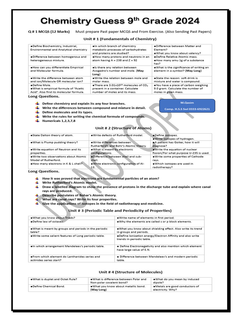 9th Grade Chemistry MCQs and Questions | PDF | Chemical Bond | Chemical ...