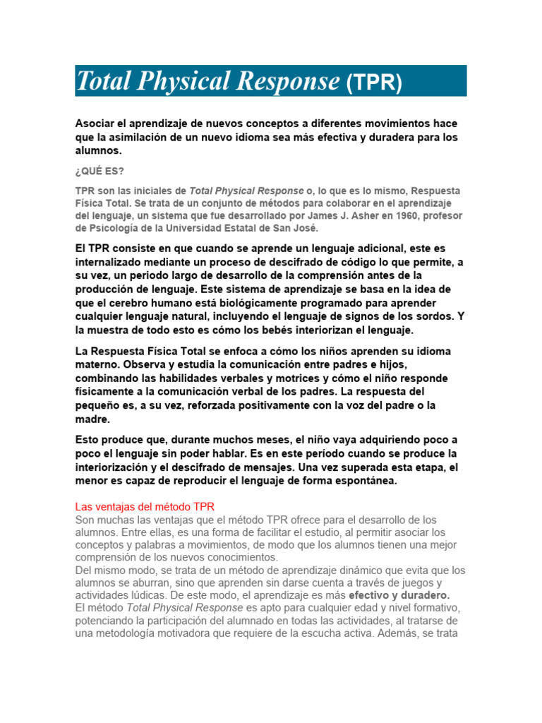 Total Physical Response | PDF | Modificación de comportamiento | Cognición