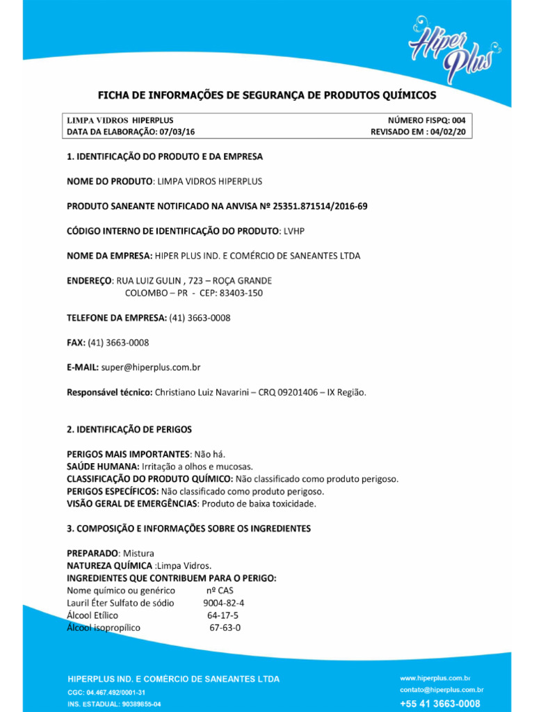 FISPQ - Limpa Vidros - HiperPlus | PDF