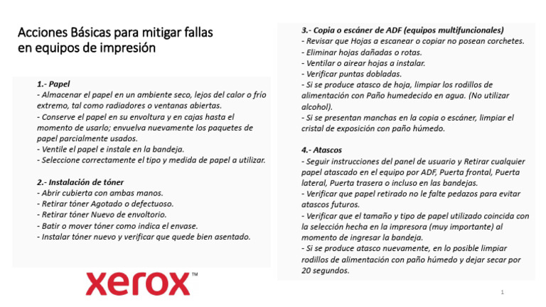 Acciones Basicas - Mitigar Fallas en Equipos Xerox | PDF | Papel