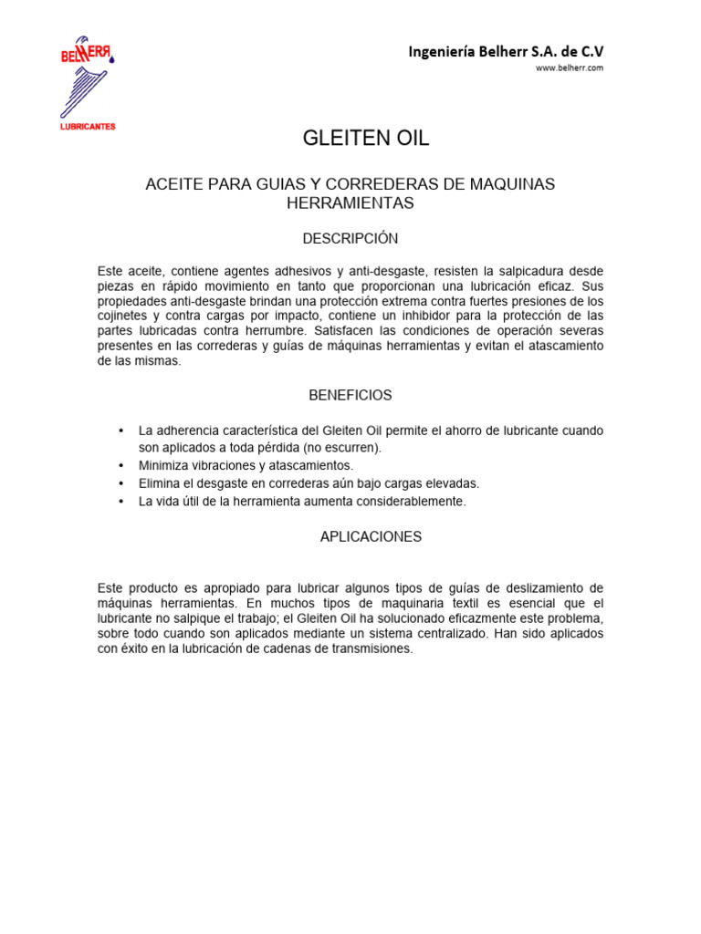 Gleiten Oil: Aceite para Máquinas Herramientas | PDF | Rodamiento ...