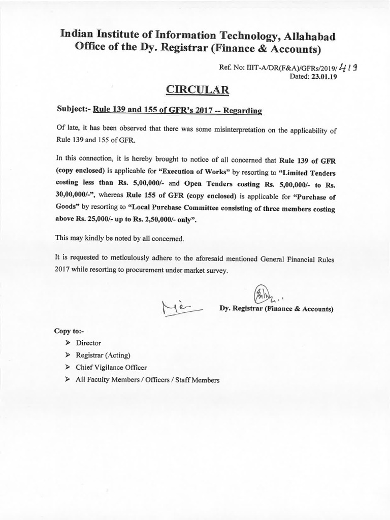 Circular - Rule 139 and 155 of Gfr's 2017 | PDF