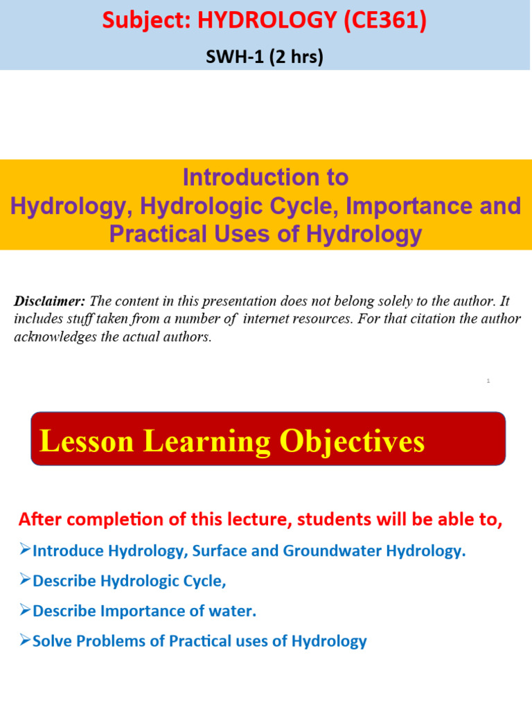 SWH- 01 (2 hr) - Hydrology, Hydro Cycle, Importance and Practical Uses of Hydrology-1 | PDF ...