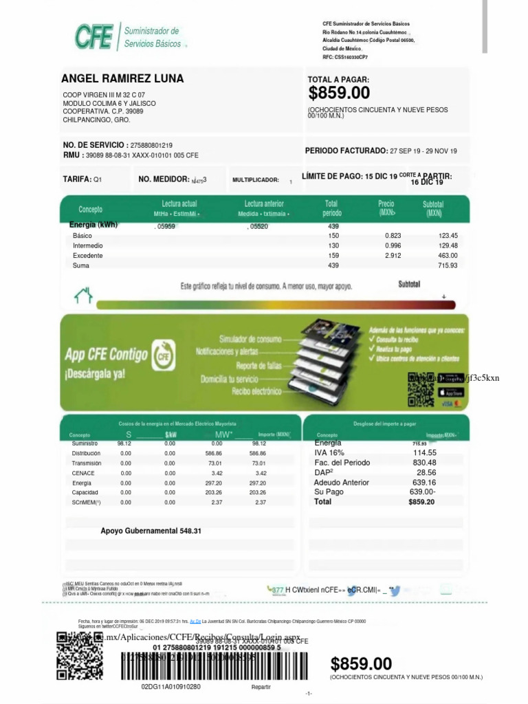 Factura CFE: Servicios Básicos 2019 | PDF | Energia electrica | Poder ...