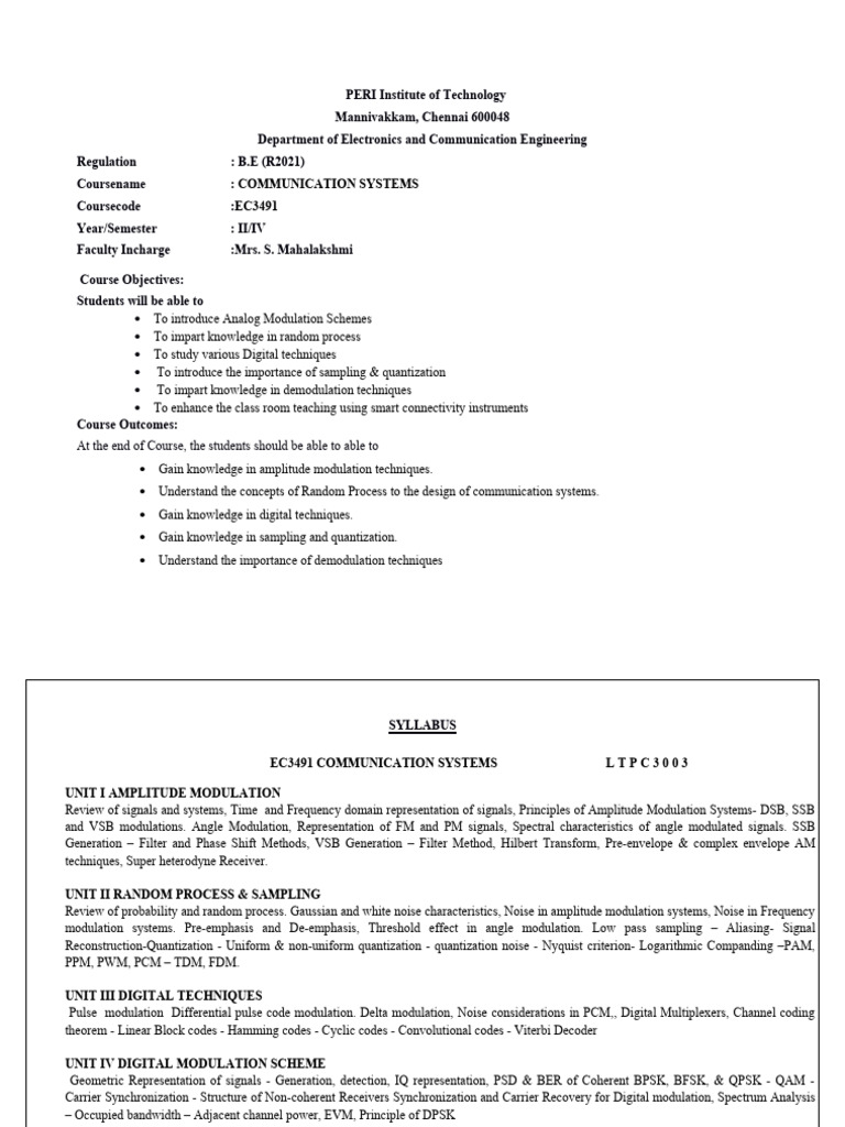 Lesson Plan-Communication Systems | PDF | Modulation | Sampling (Signal Processing)