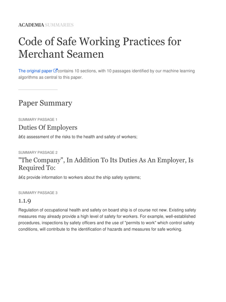 Academia Summary - Code of Safe Working Practices For Merchant Seamen ...